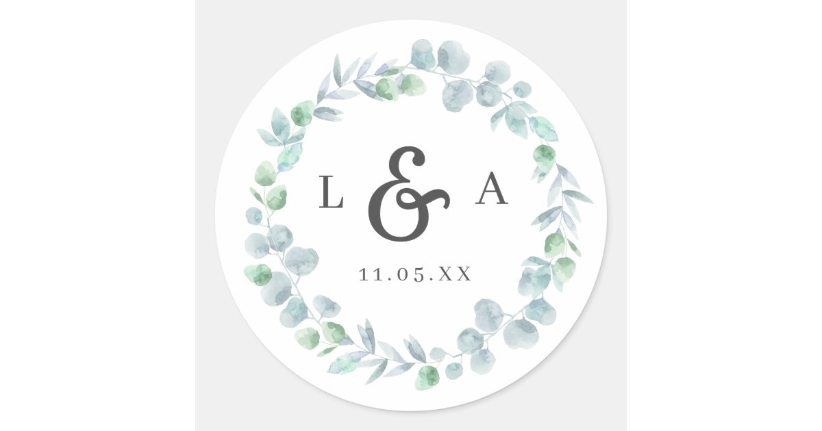 Ethereal Eucalyptus Wreath Monogram Wedding Classic Round Sticker | Zazzle