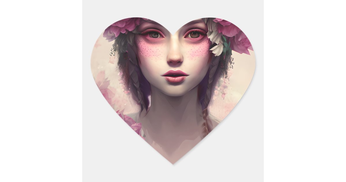 Ethereal Girl with Pink Freckles Heart Sticker | Zazzle