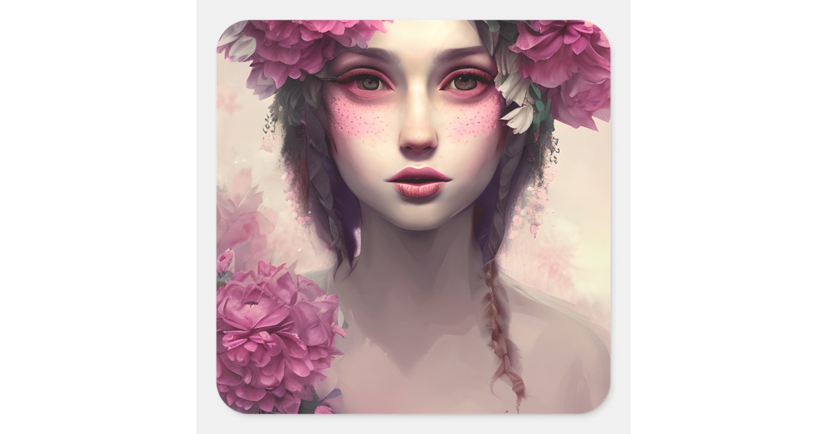 Ethereal Girl with Pink Freckles Square Sticker | Zazzle