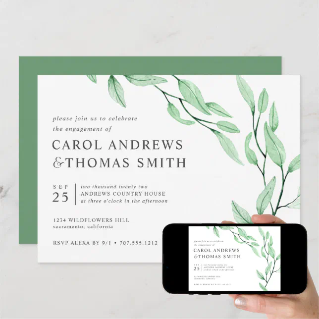 Ethereal Green | Chic Botanical Engagement Party Invitation | Zazzle