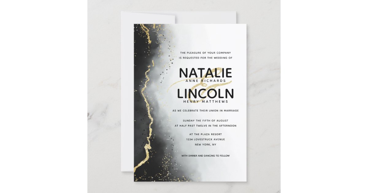 Ethereal Mist Ombre Black Gold Foil Modern Wedding Invitation | Zazzle