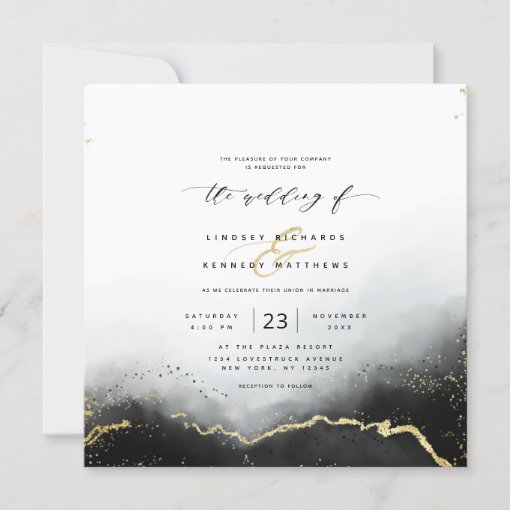 Ethereal Mist Ombre Black Luxury Square Wedding Invitation | Zazzle