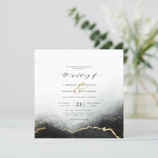 Ethereal Mist Ombre Black Luxury Square Wedding Invitation | Zazzle