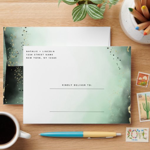 Ethereal Mist Ombre Emerald Green Moody Wedding Envelope | Zazzle