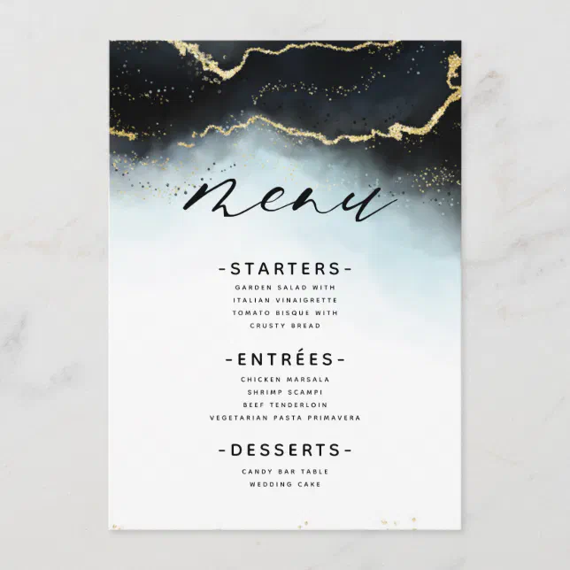 Ethereal Mist Ombre Navy Blue Moody Gilded Dinner Menu | Zazzle