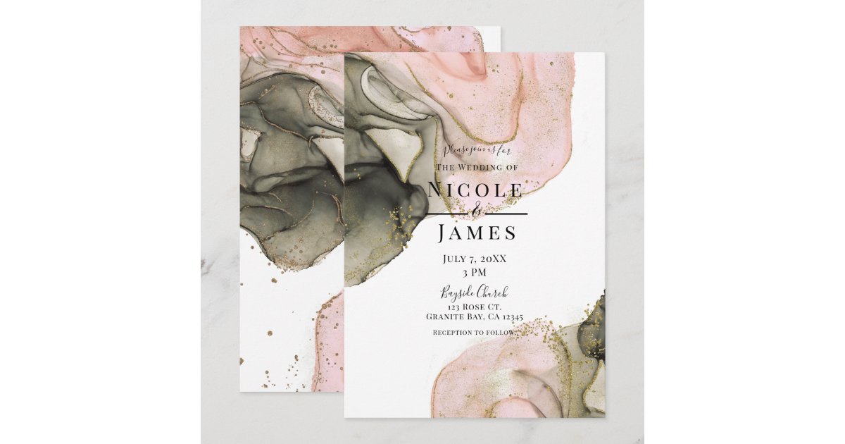 Ethereal Moody Pink Black Gold Inky Wedding Invitation | Zazzle