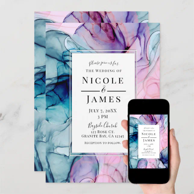 Ethereal Teal Pink Purple Inky Modern Glam Wedding Invitation | Zazzle