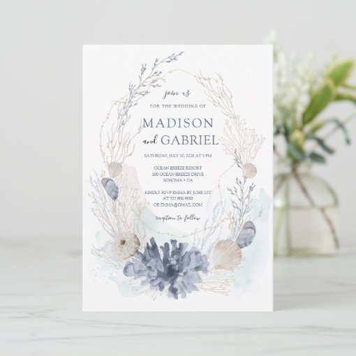 Ethereal Watercolor Coral Seashell Seaside Wedding Invitation | Zazzle