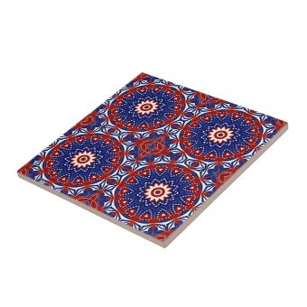 Ethnic Blue Red White Mosaic Geometric Pattern Ceramic Tile | Zazzle
