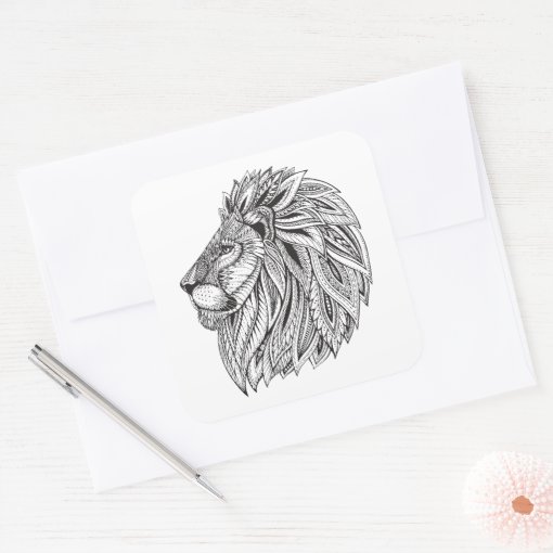 Ethnic Patterned Lion Head Square Sticker | Zazzle