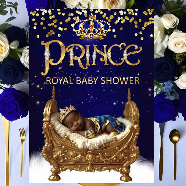Ethnic Royal Prince Baby Shower Blue Gold Crib Invitation | Zazzle