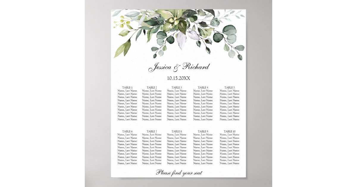 Eucalyptus 10 Tables Seating Chart Poster Sign | Zazzle
