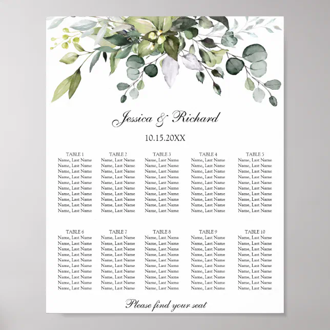 Eucalyptus 10 Tables Seating Chart Poster Sign | Zazzle