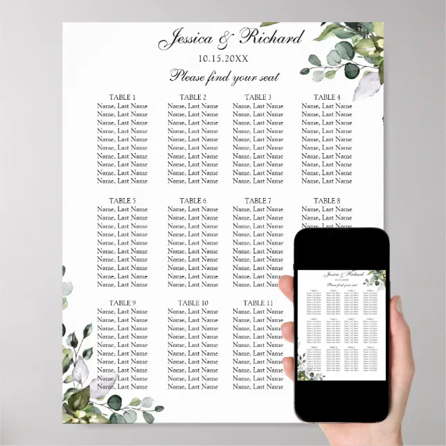 Eucalyptus 12 Tables Seating Chart Poster Sign | Zazzle