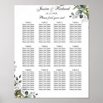 Eucalyptus 12 Tables Seating Chart Poster Sign | Zazzle