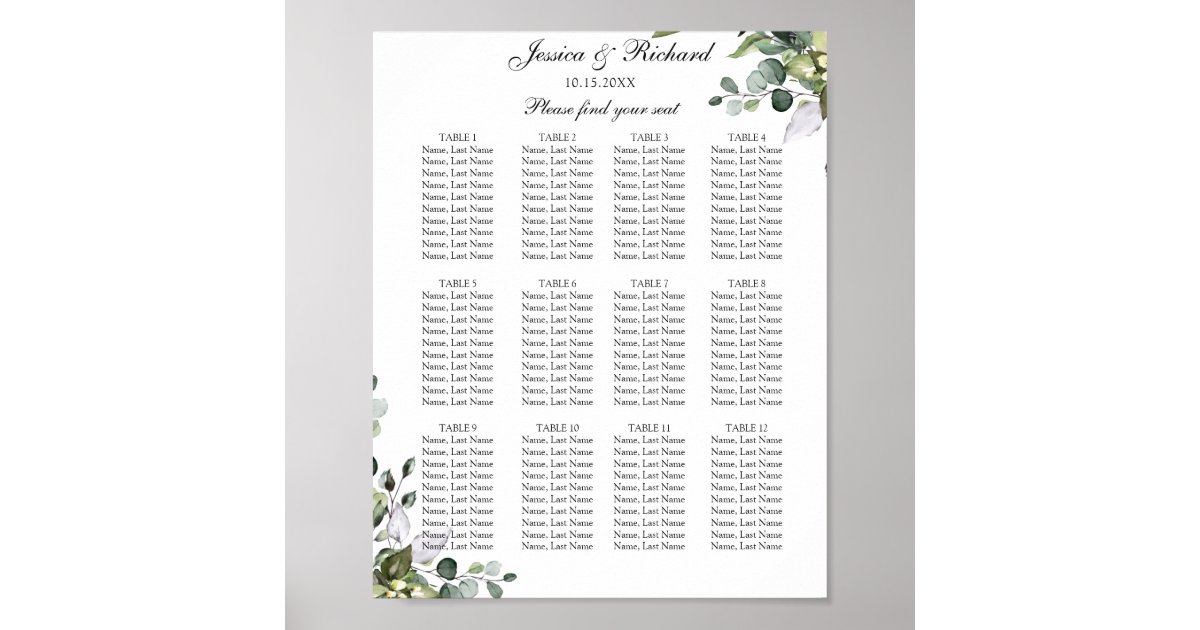 Eucalyptus 12 Tables Seating Chart Poster Sign | Zazzle