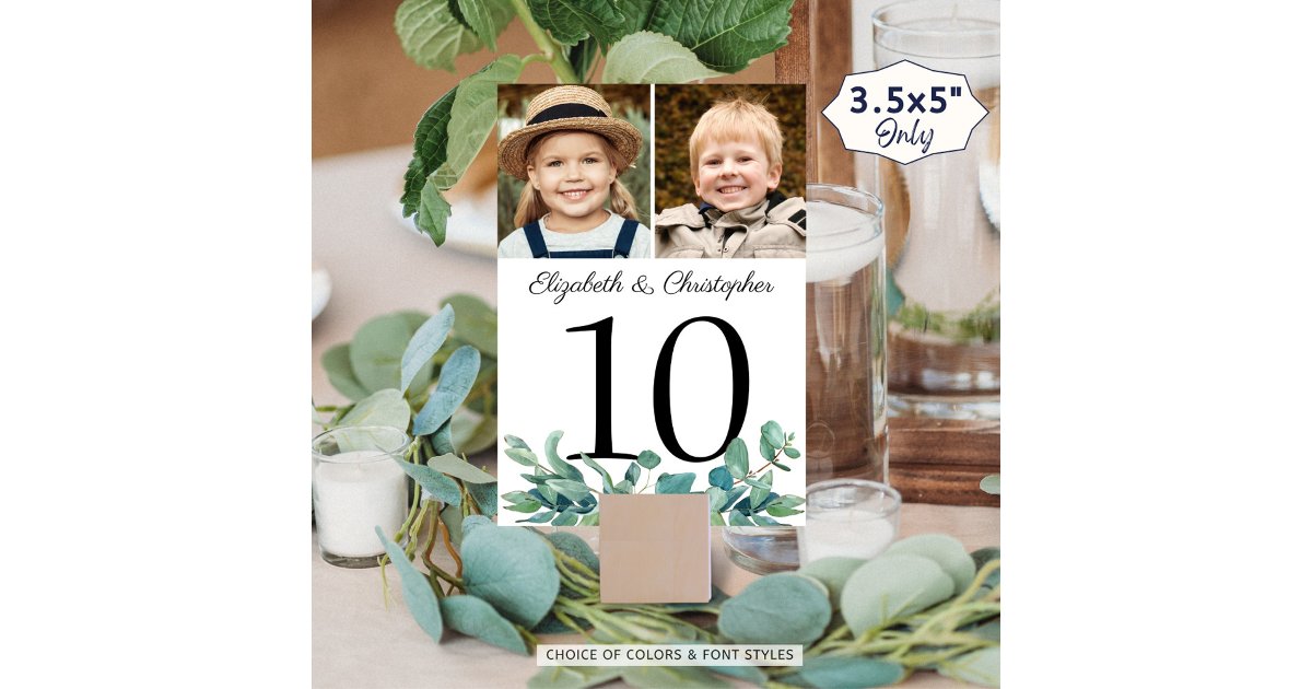 Eucalyptus 2 Photo Wedding Table Number Sign | Zazzle