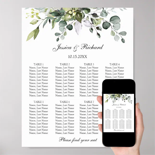 Eucalyptus 8 Tables Seating Chart Poster Sign | Zazzle