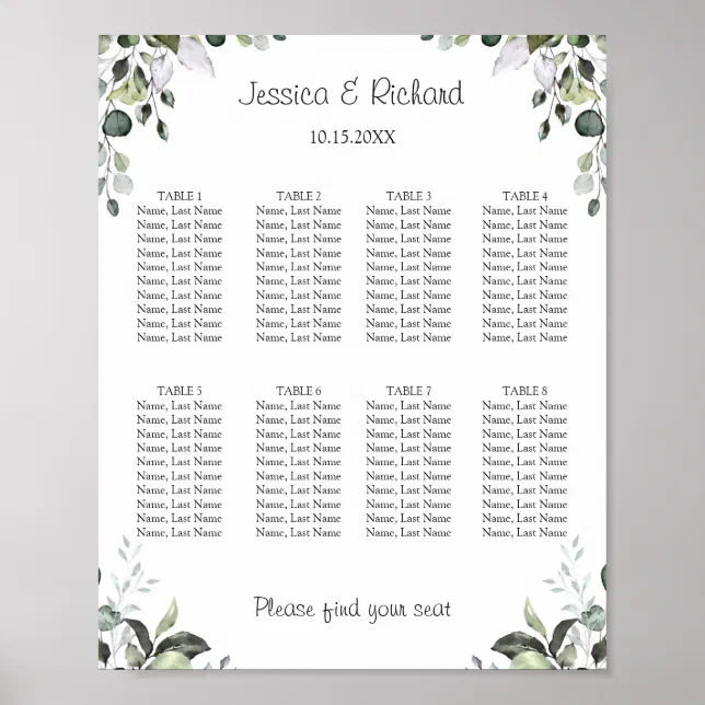 Eucalyptus 8 Tables Seating Chart Poster Sign | Zazzle