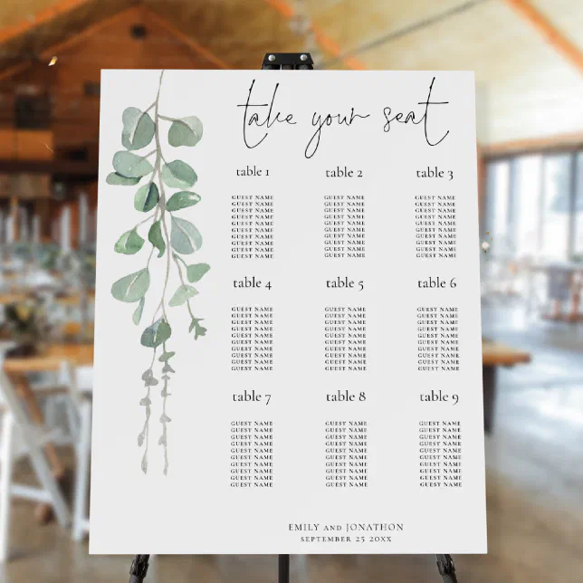 Eucalyptus 9 Table Wedding Seating Chart Foam Board | Zazzle
