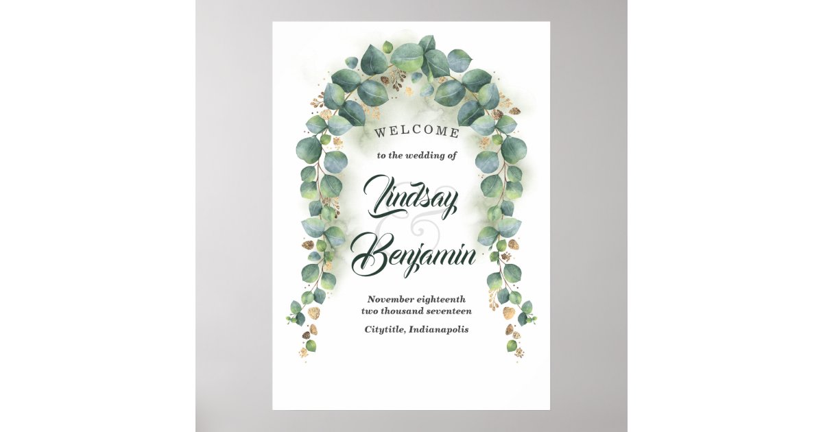 Eucalyptus and Gold Greenery Wedding Welcome Sign | Zazzle