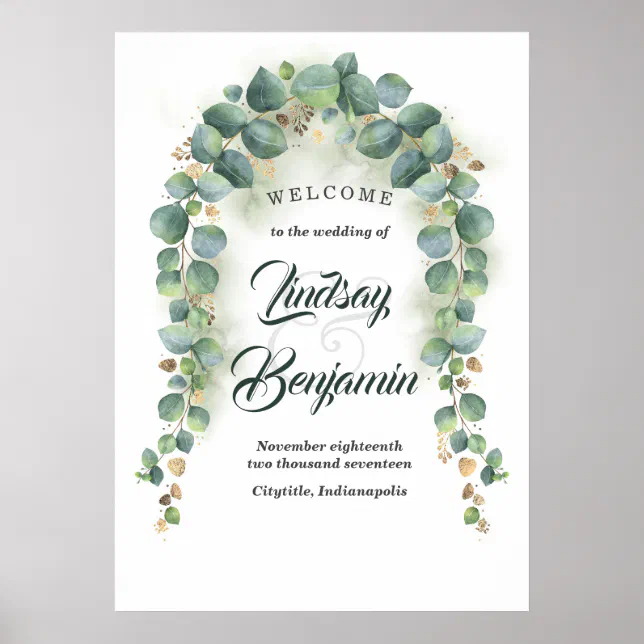 Eucalyptus and Gold Greenery Wedding Welcome Sign | Zazzle