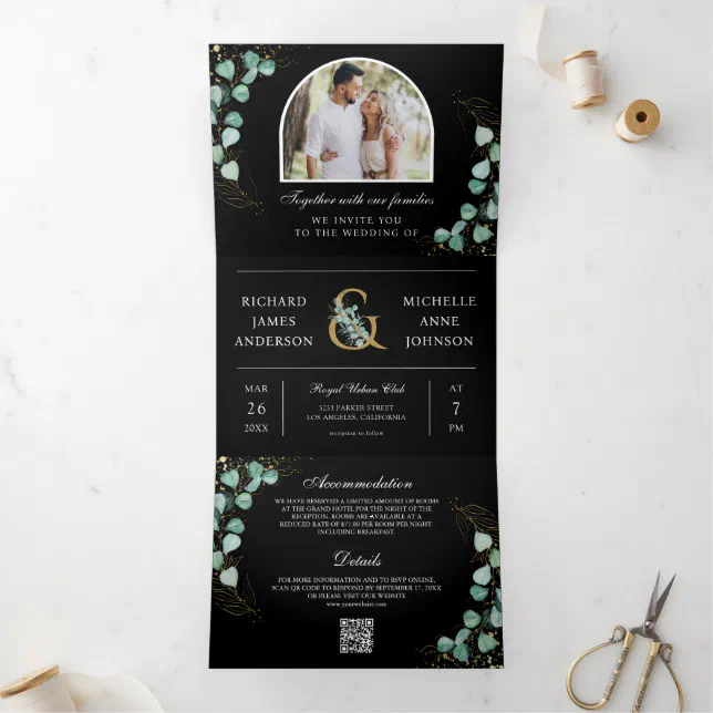 Eucalyptus Arch Photo Black QR Code Wedding Tri-Fold Invitation | Zazzle