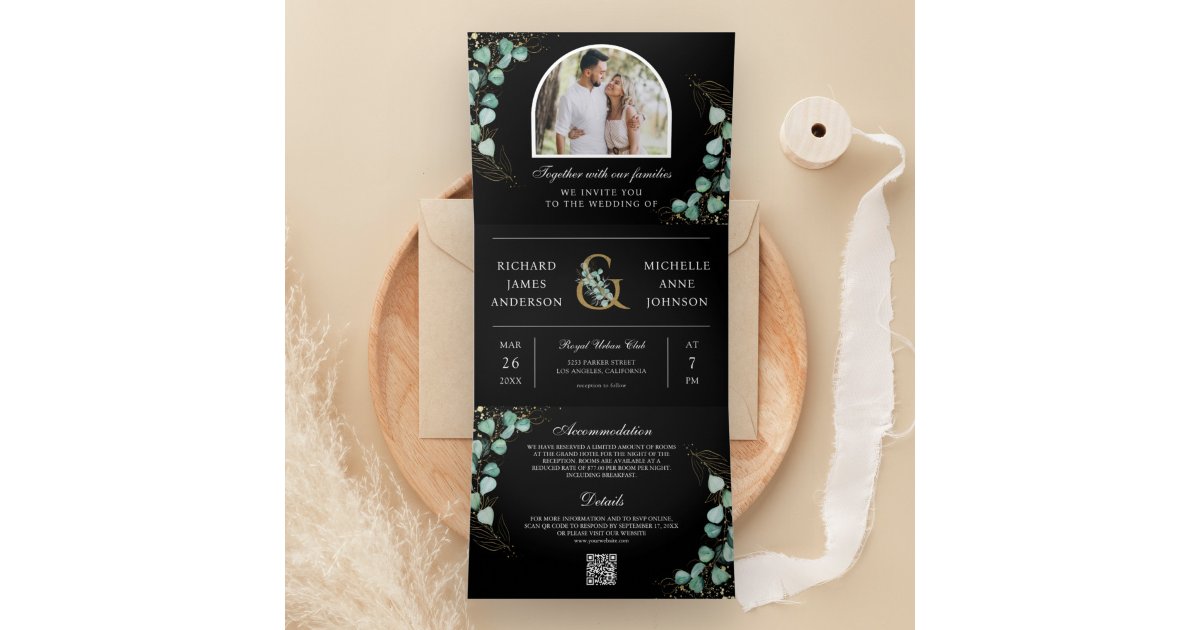 Eucalyptus Arch Photo Black QR Code Wedding Tri-Fold Invitation | Zazzle