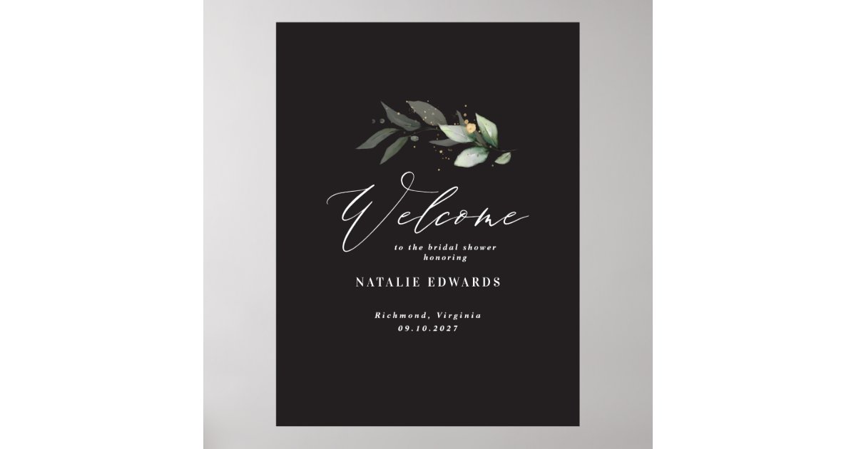 Eucalyptus black gold bridal shower welcome foam poster | Zazzle