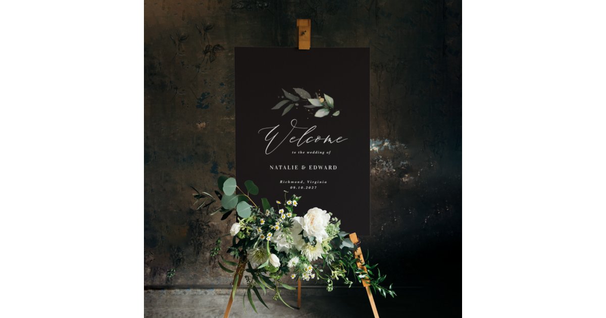 Eucalyptus black gold wedding welcome foam board | Zazzle