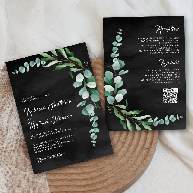Eucalyptus Branch Charcoal Black QR Code Wedding Invitation | Zazzle