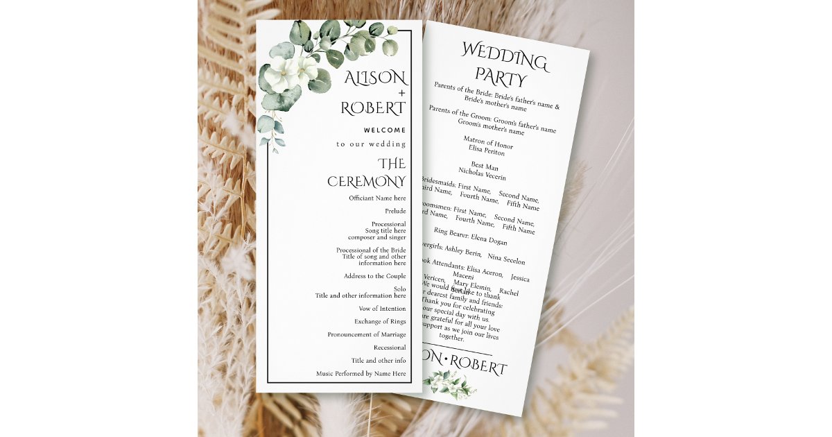 Eucalyptus branch, white flowers wedding program | Zazzle