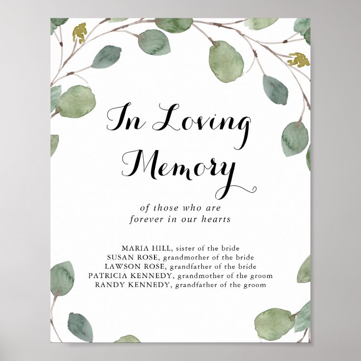Eucalyptus Calligraphy In Loving Memory Sign | Zazzle
