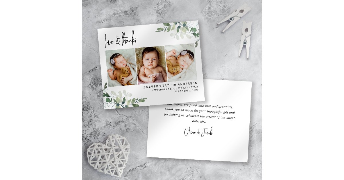 Eucalyptus Calligraphy New Baby Thank You Card | Zazzle