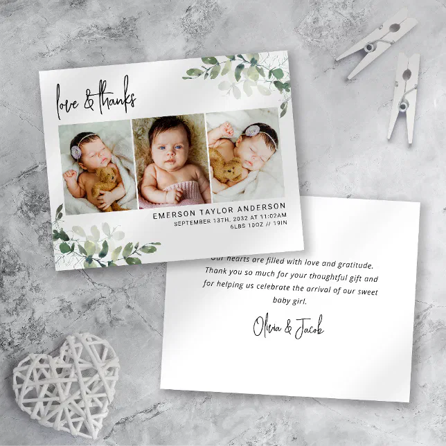 Eucalyptus Calligraphy New Baby Thank You Card | Zazzle