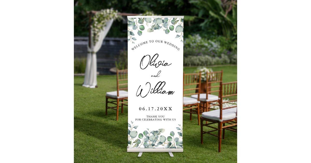 Eucalyptus Calligraphy Script Wedding Welcome Retractable Banner | Zazzle