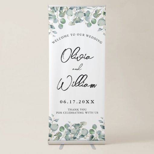 Eucalyptus Calligraphy Script Wedding Welcome Retractable Banner | Zazzle