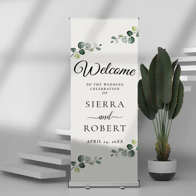 Eucalyptus Calligraphy Wedding Welcome Retractable Banner | Zazzle