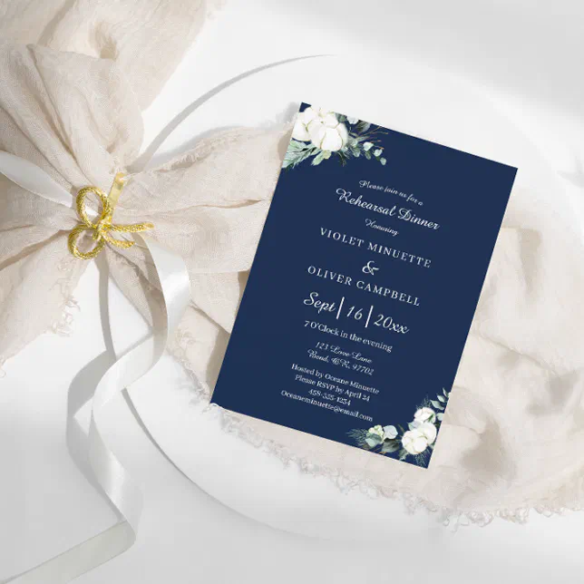 Eucalyptus Cotton Navy Modern v2 Rehearsal Dinner Invitation | Zazzle