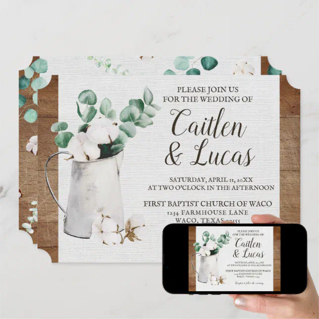Eucalyptus Cotton Stem Shiplap Farmhouse Wedding Invitation | Zazzle