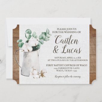 Eucalyptus Cotton Stem Shiplap Farmhouse Wedding Invitation | Zazzle