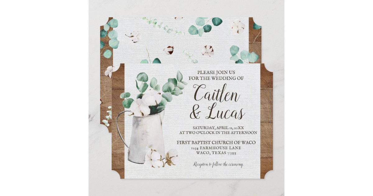 Eucalyptus Cotton Stem Shiplap Farmhouse Wedding Invitation | Zazzle