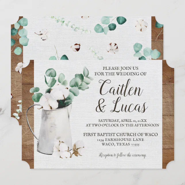 Eucalyptus Cotton Stem Shiplap Farmhouse Wedding Invitation | Zazzle