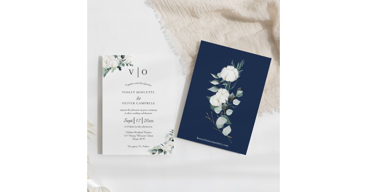 Eucalyptus Cotton | White Modern Monogram Wedding Invitation | Zazzle