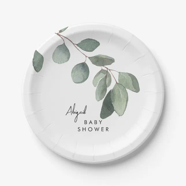 Eucalyptus Custom Name Baby Shower Paper Plates | Zazzle