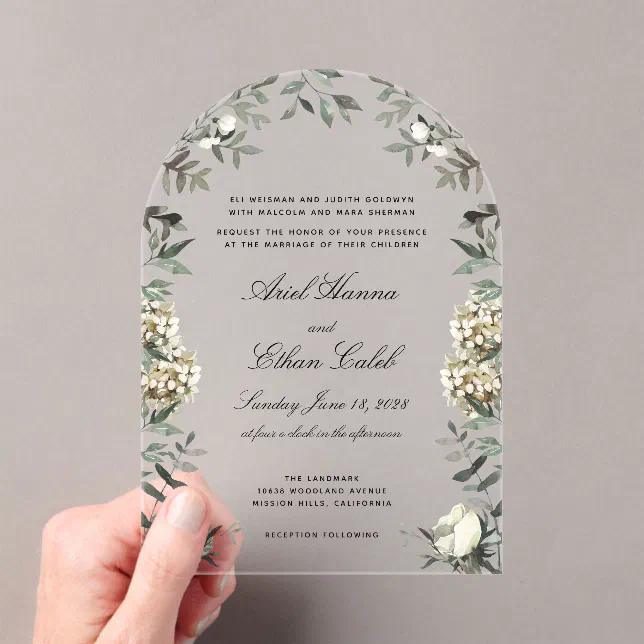 Eucalyptus Ferns White Flowers Archway Wedding Acrylic Invitations | Zazzle