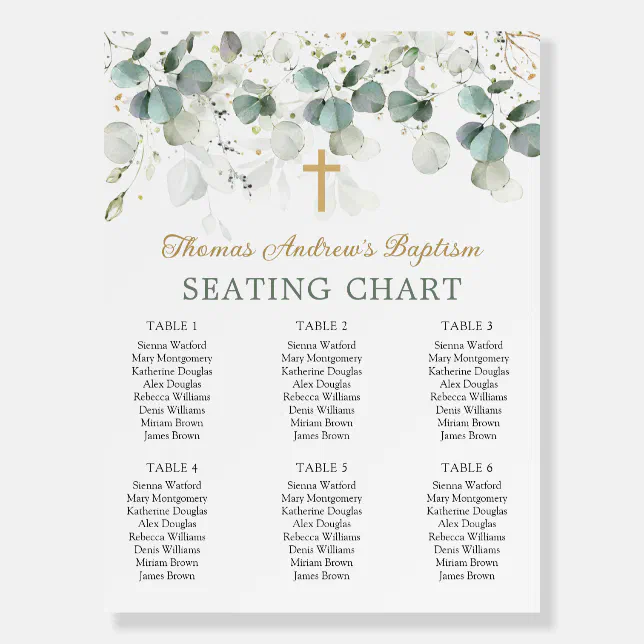 Eucalyptus Foliage Cross Baptism Seating Chart Foam Board | Zazzle