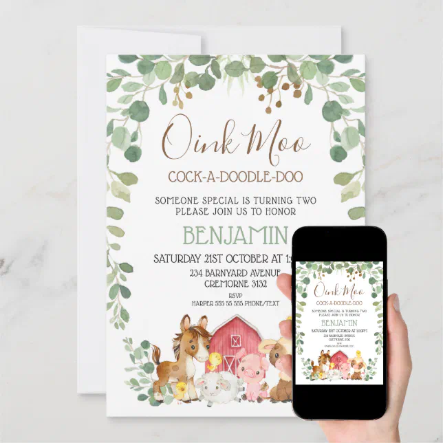 Eucalyptus Foliage Farm Animals Birthday Invitation | Zazzle