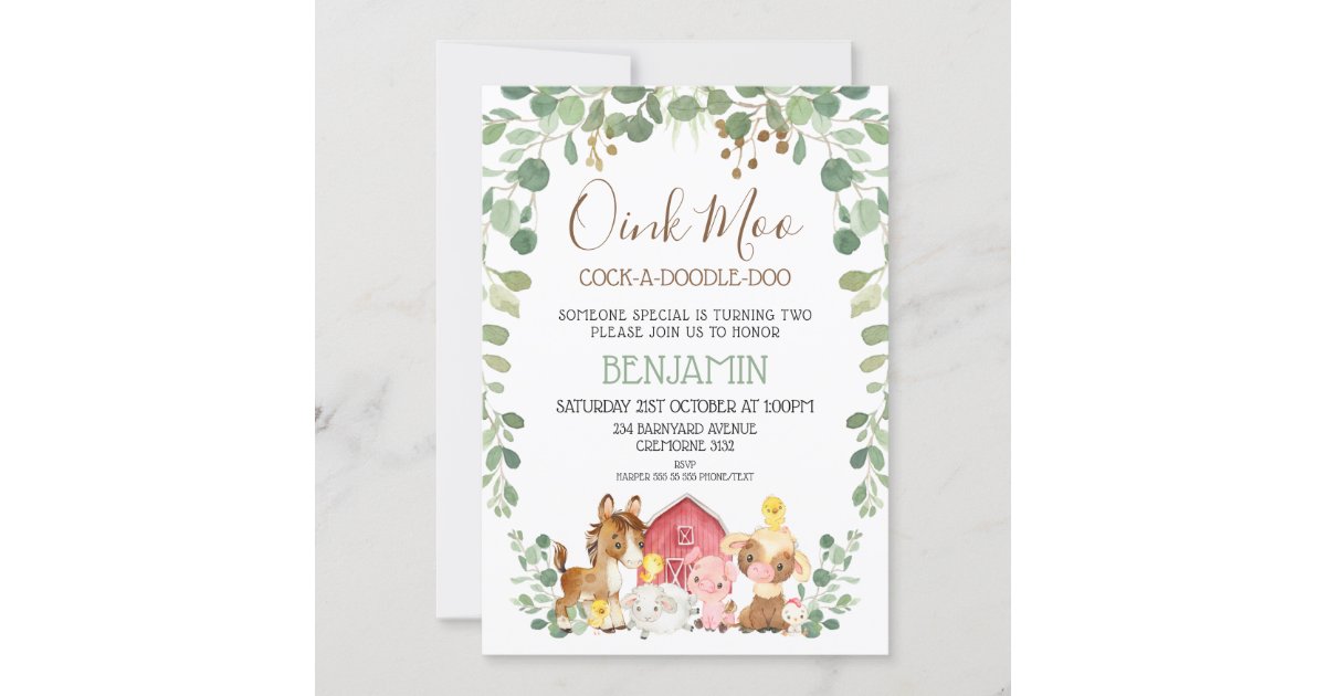 Eucalyptus Foliage Farm Animals Birthday Invitation | Zazzle