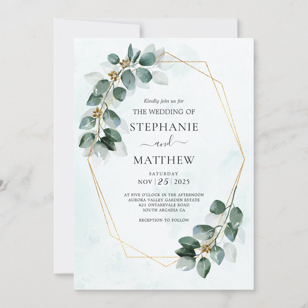 Eucalyptus Geometric Watercolor Foliage Wedding Invitation | Zazzle